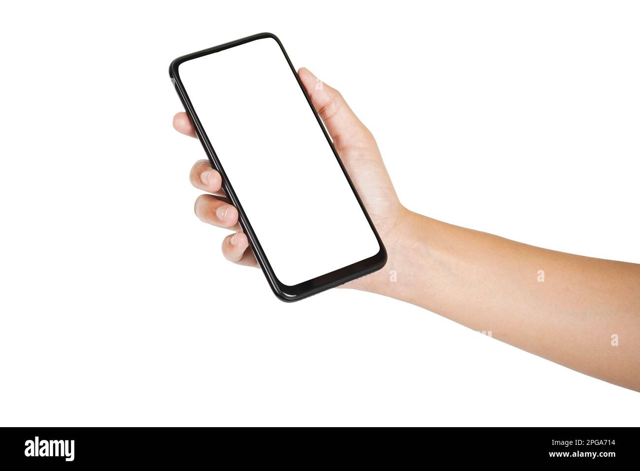 Hand holding blank smartphone isolated on white background with ...