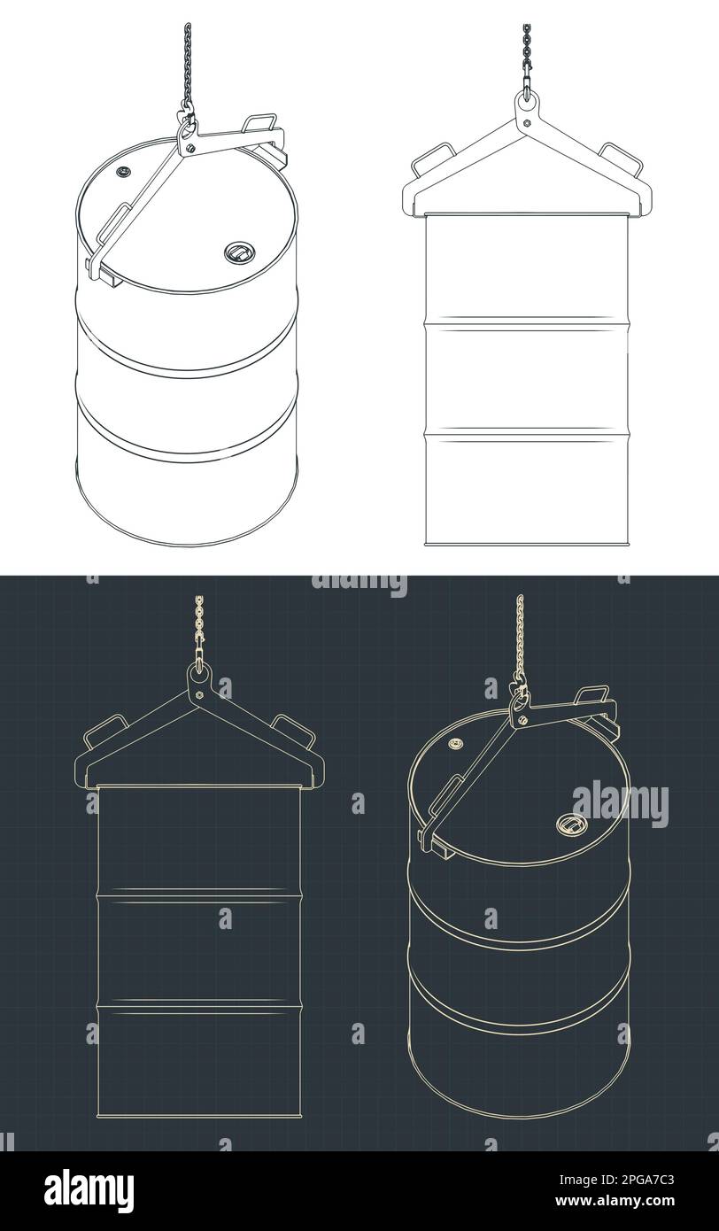Stylized vector illustration of blueprints of drum lifter with barrel ...