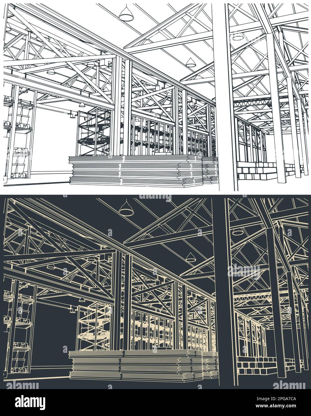 Stylized vector illustrations of the interior of a large warehouse with ...
