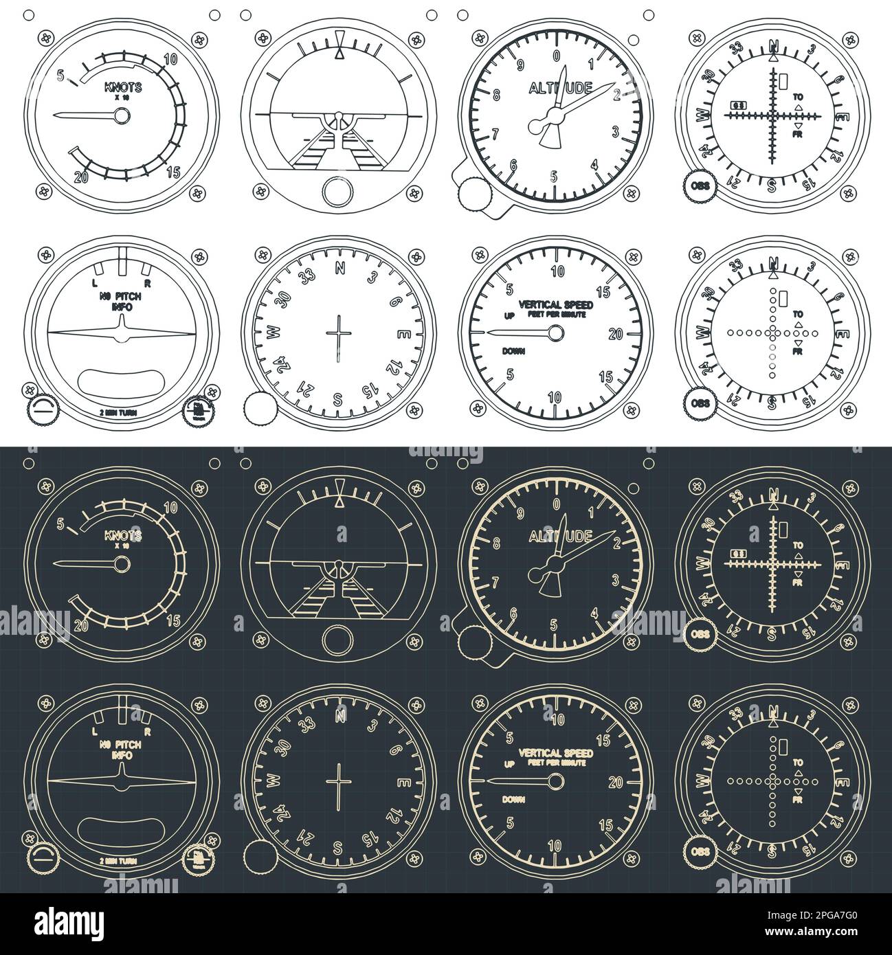 Stylized vector illustration of blueprints of airplane control panel ...