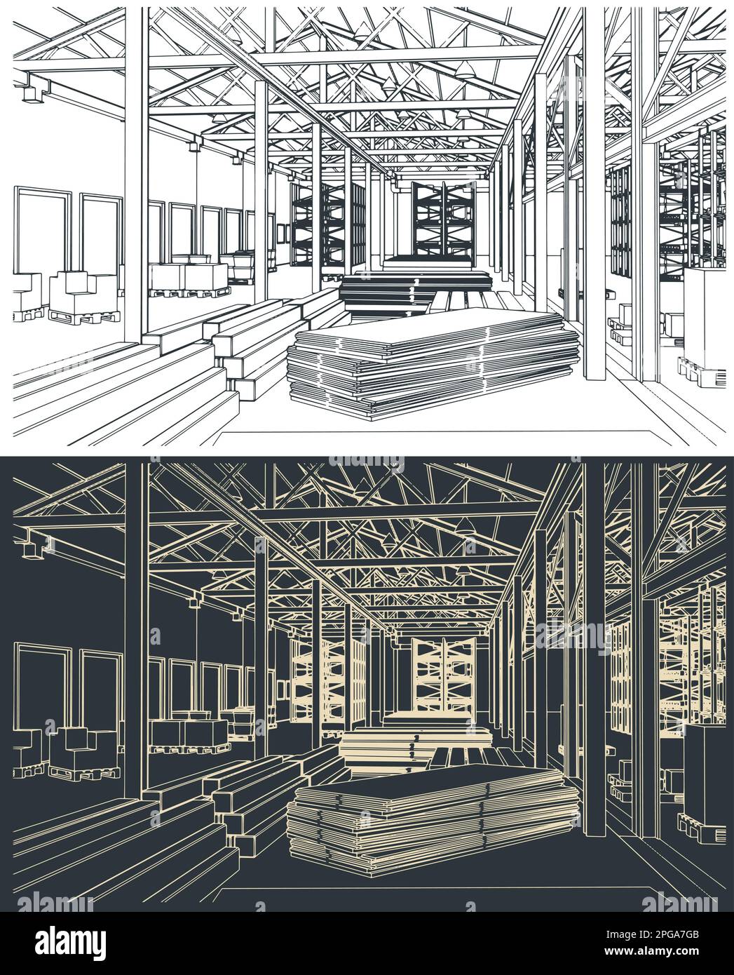 Stylized vector illustration of a large warehouse with boxes, shelves ...