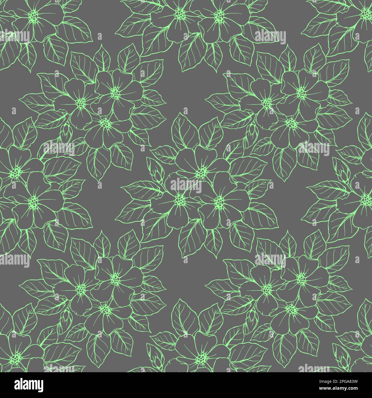 seamless contour pattern of large green flowers on a gray background ...