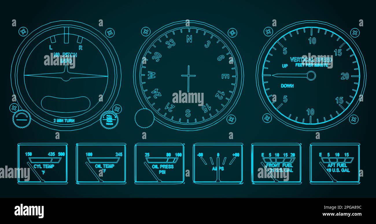Stylized vector illustration of an airplane control dashboard close up ...
