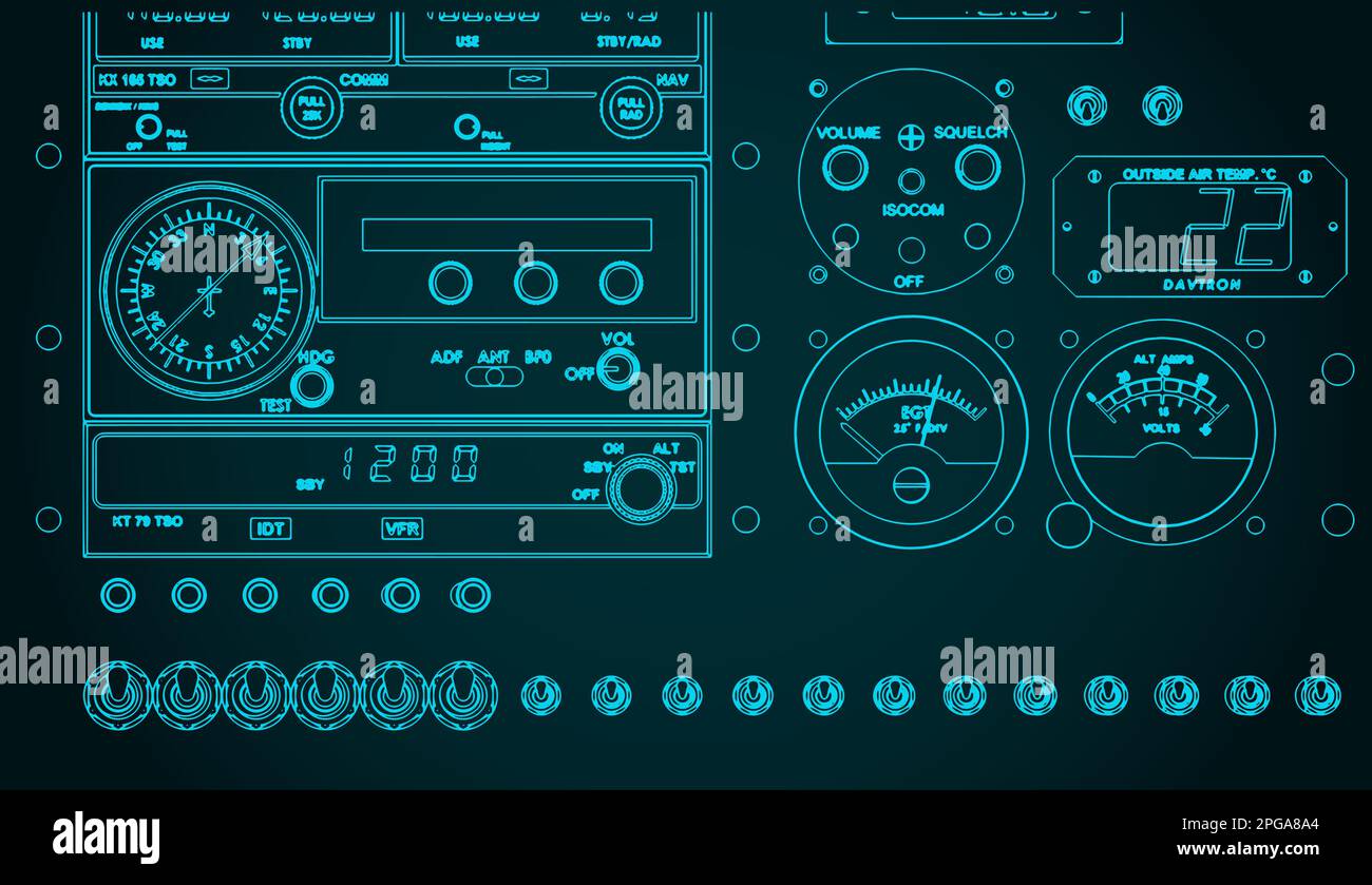 Stylized vector illustration of an airplane control dashboard close up ...