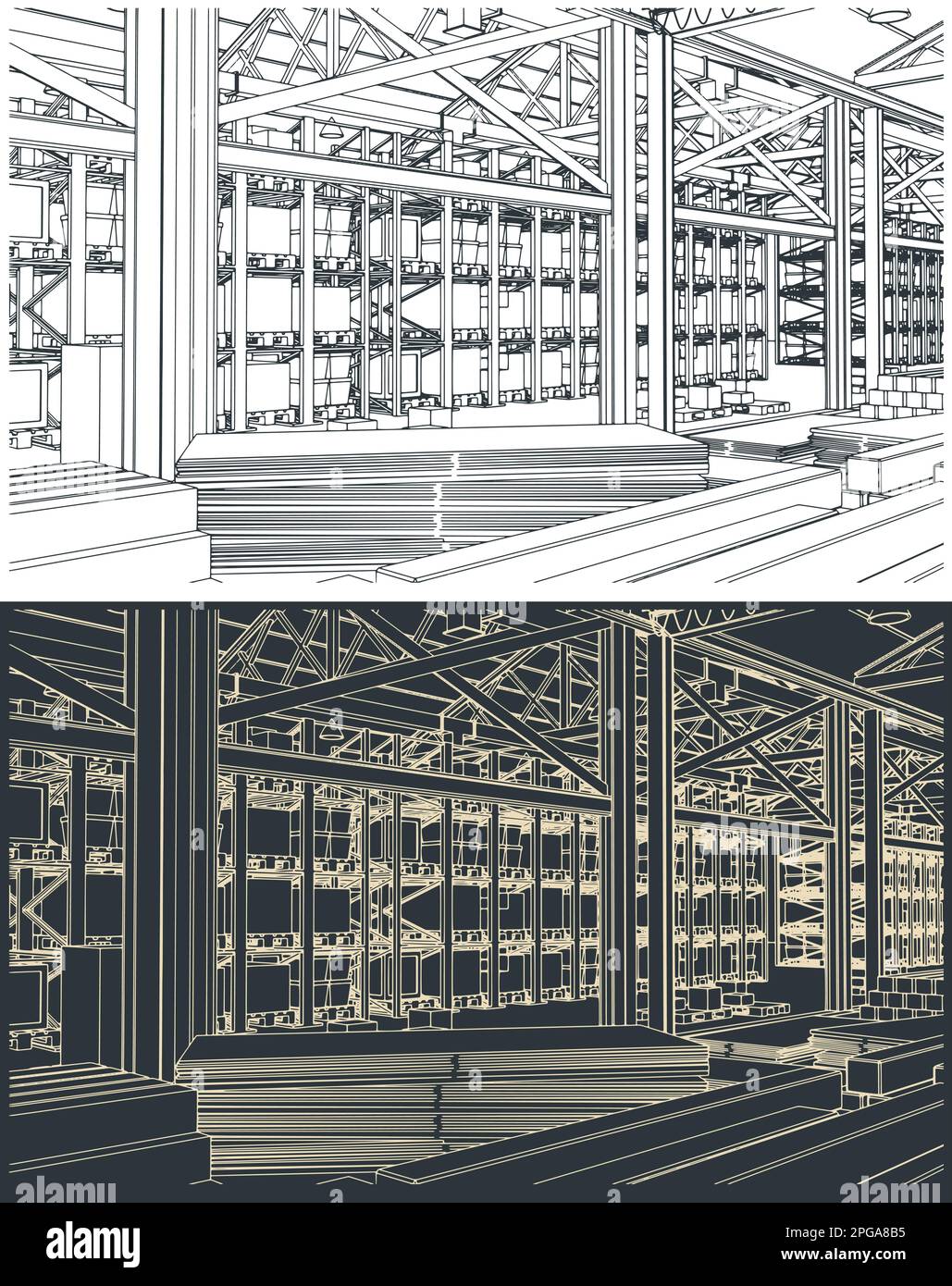 Stylized vector illustrations of the interior of a large warehouse with ...