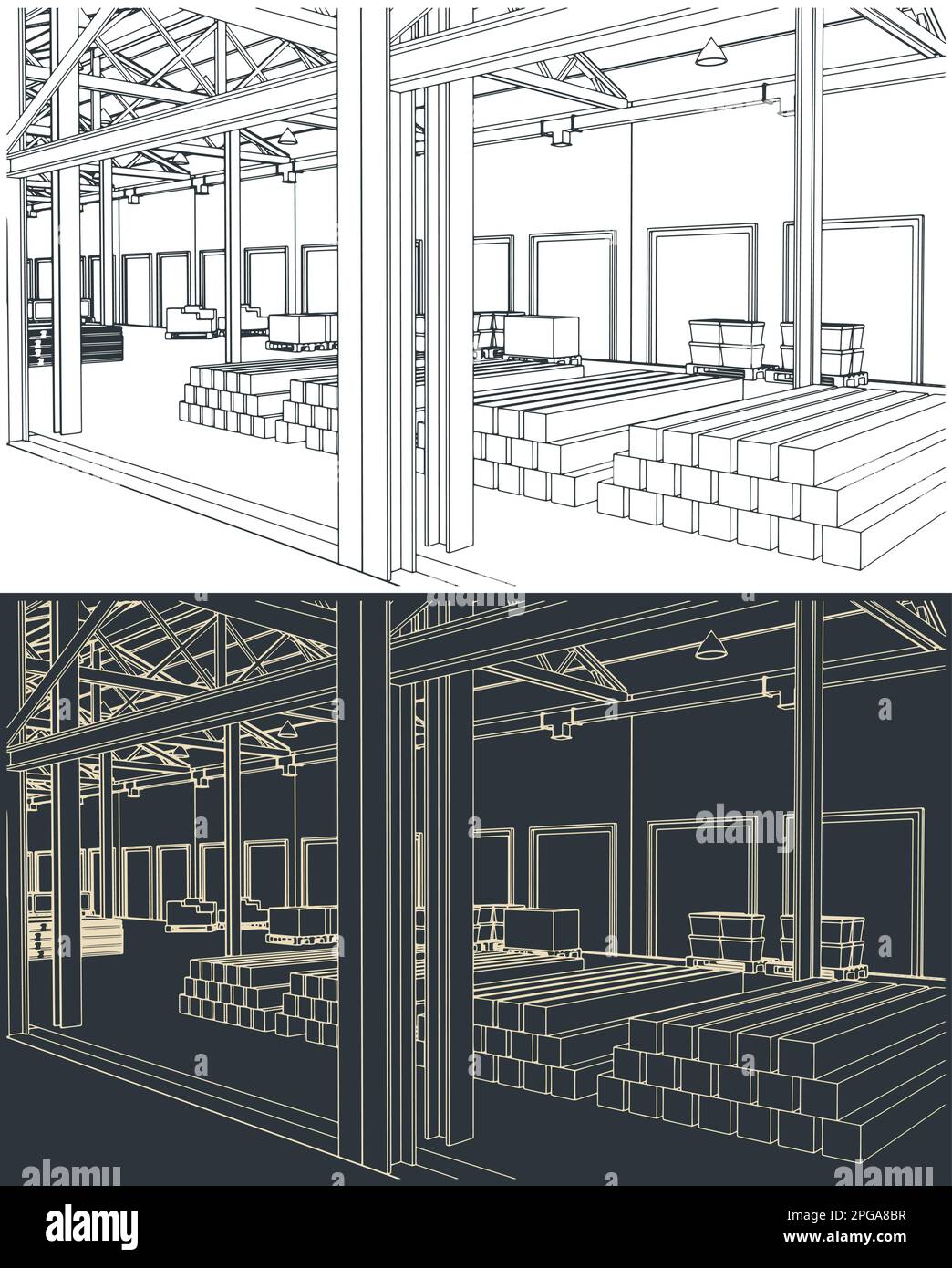 Stylized vector illustrations of a large warehouse with boxes, shelves ...