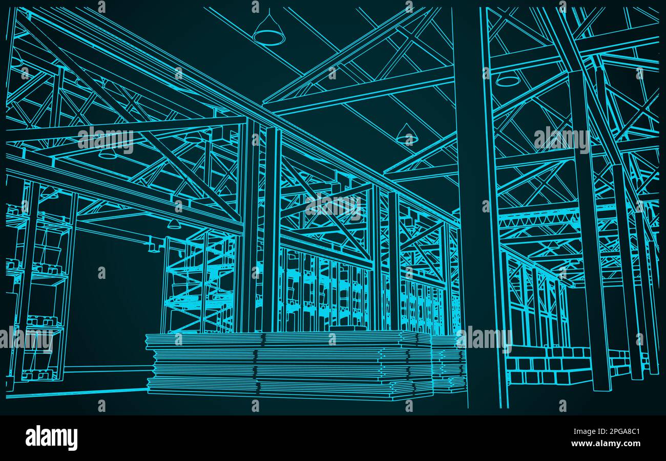 Stylized vector illustrations of a large warehouse with boxes, shelves ...