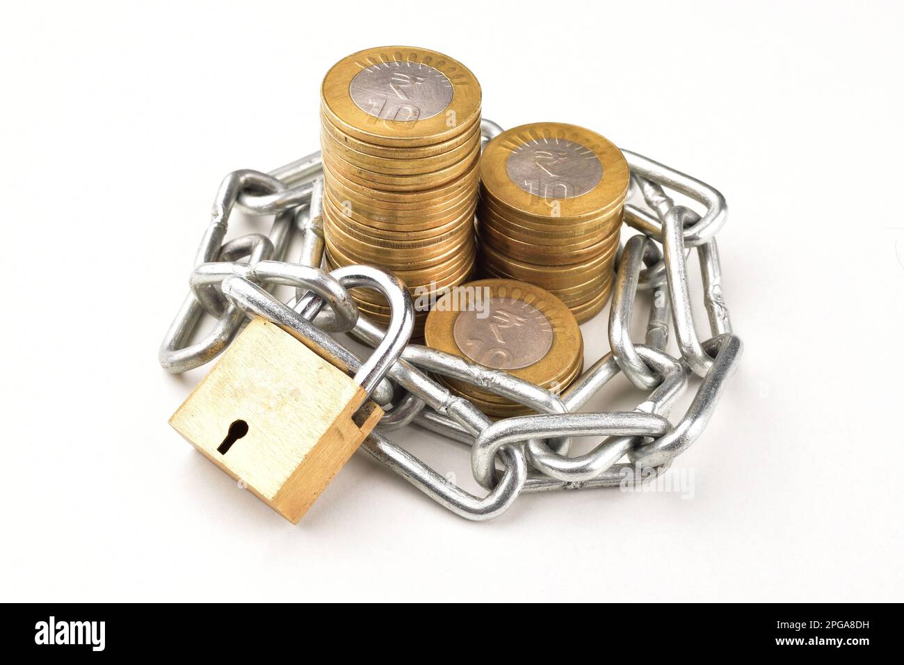 Indian rupee coin with padlock isolated on white background, Money ...