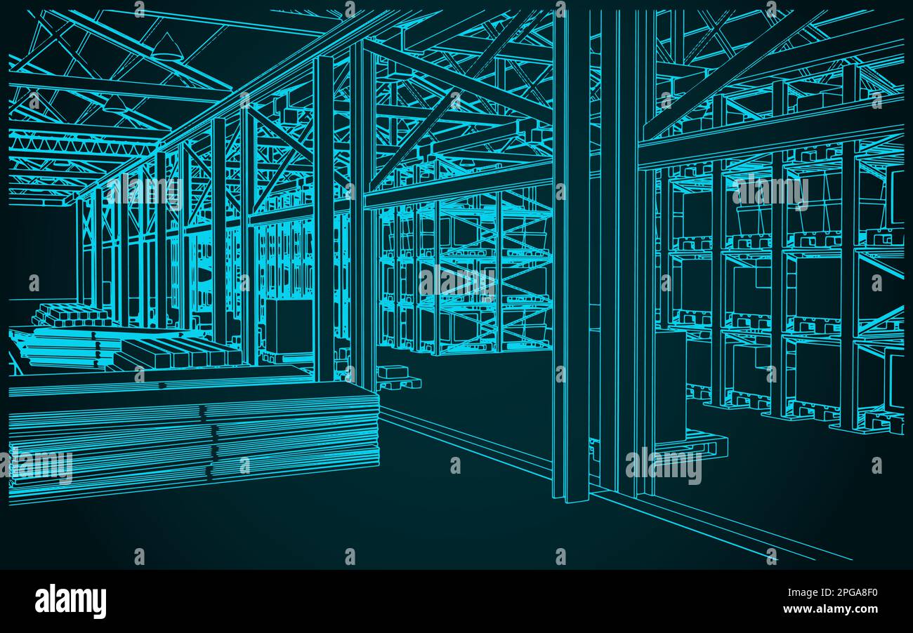 Stylized vector illustration of the interior of a large warehouse with ...