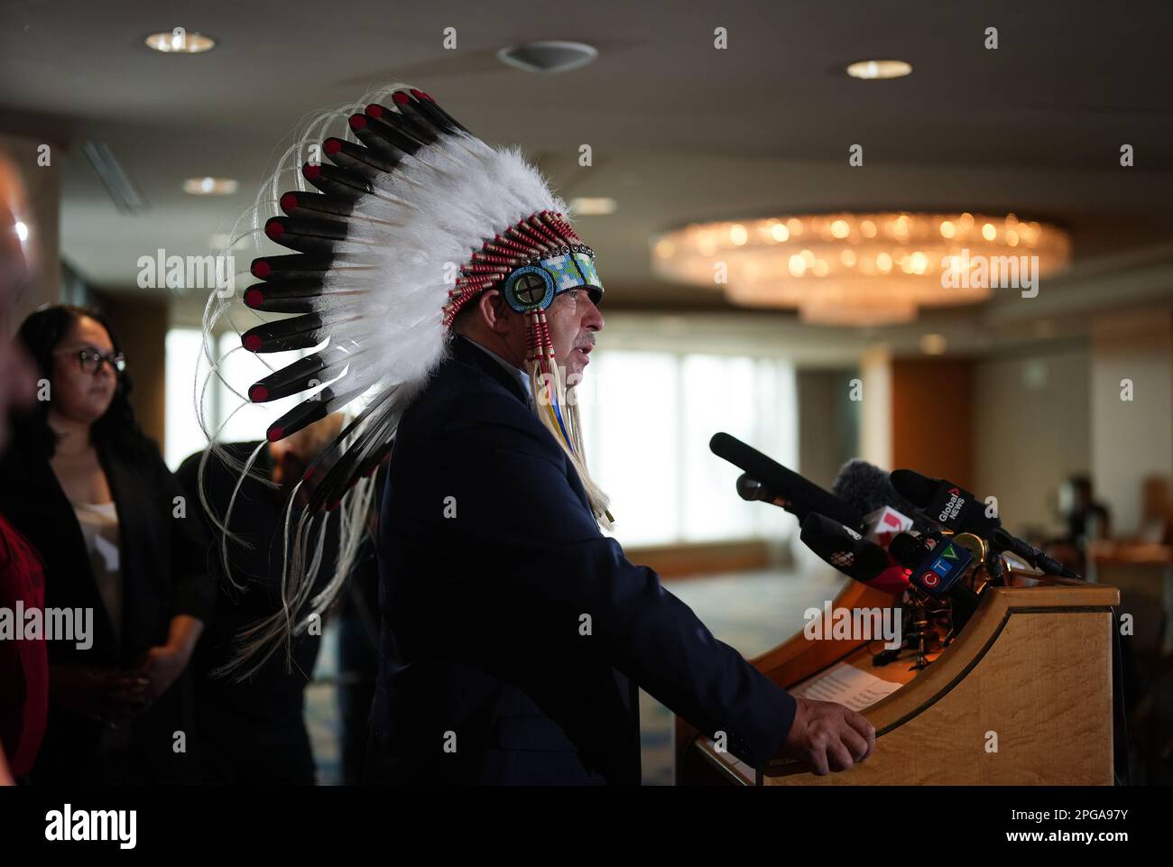 Chief Clinton Key, of the Key First Nation, speaks during a news ...