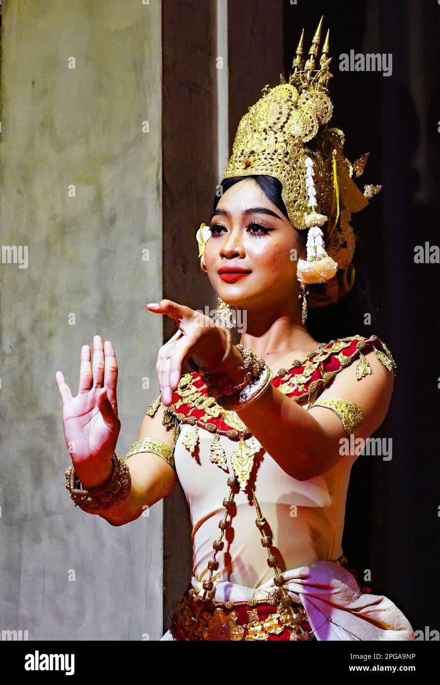 Siem Reap, Cambodia - March 2, 2023: Traditional Cambodian apsara dancers perform at a ...