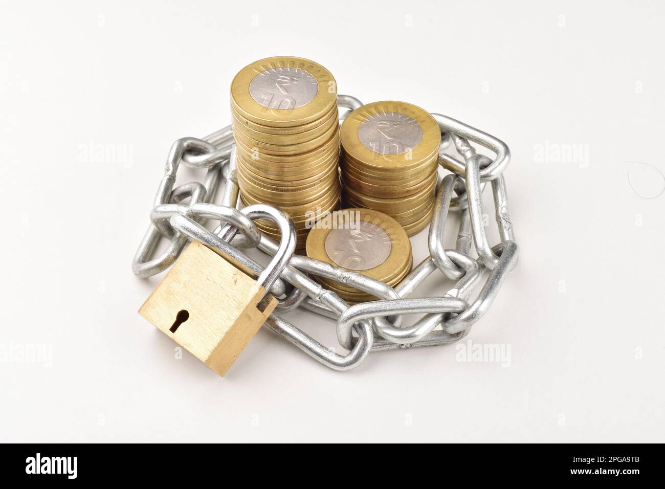 Indian rupees coin with padlock isolated on white background, money ...