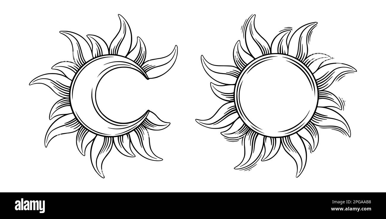 Tarot sun and moon engraved set. Occultism and chiromancy tarot symbols ...