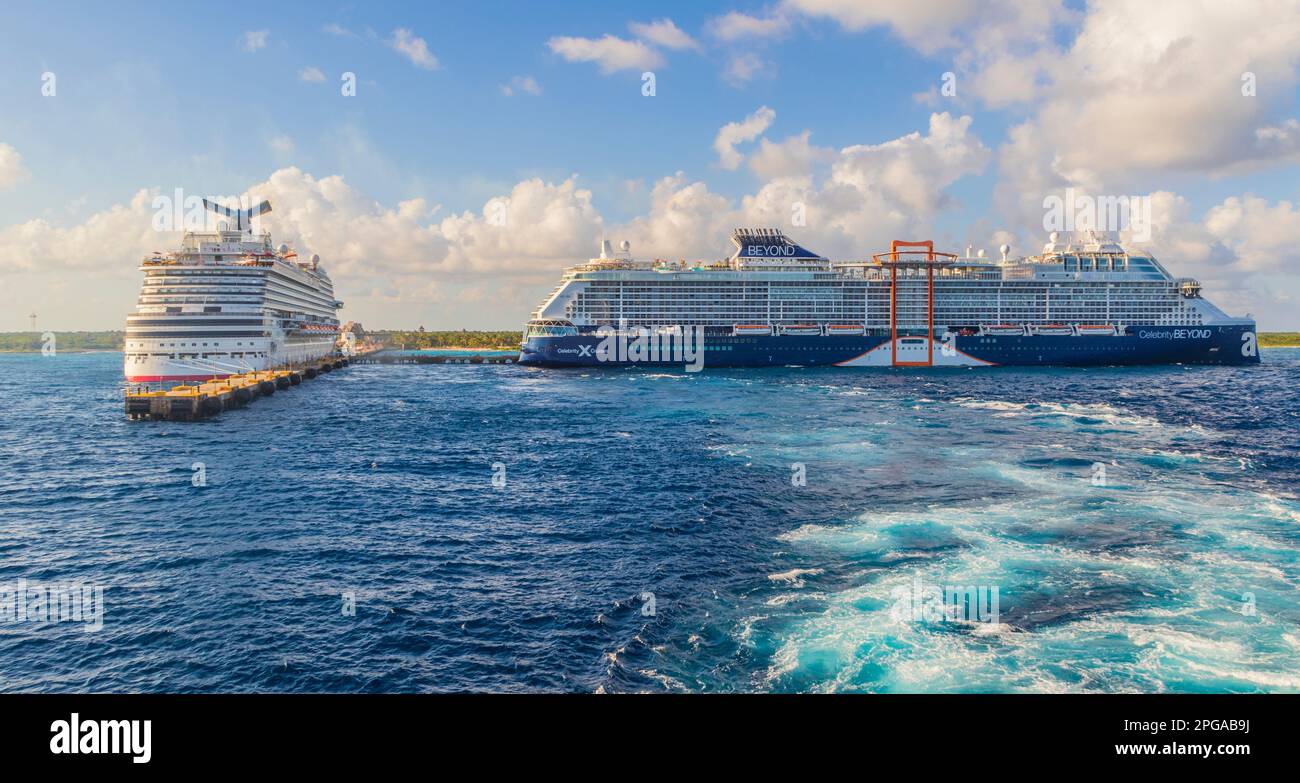 Celebrity BEYOND and Carnival BREEZE cruise ships at Costa Maya Mexico ...