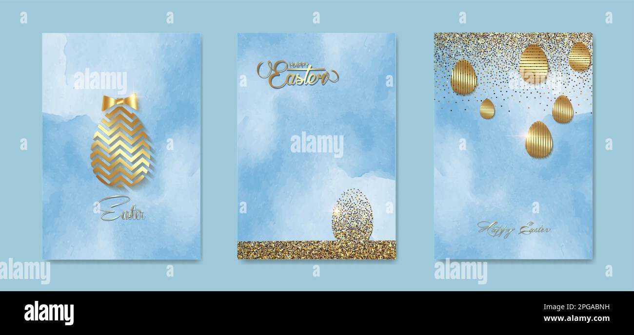 set card Happy Easter gold texture, luxury blue watercolor background ...