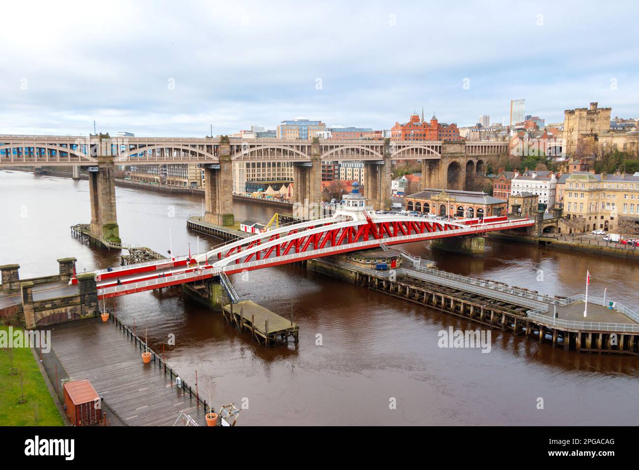 The victorian swing bridge and high level bridge over the river tyne in ...