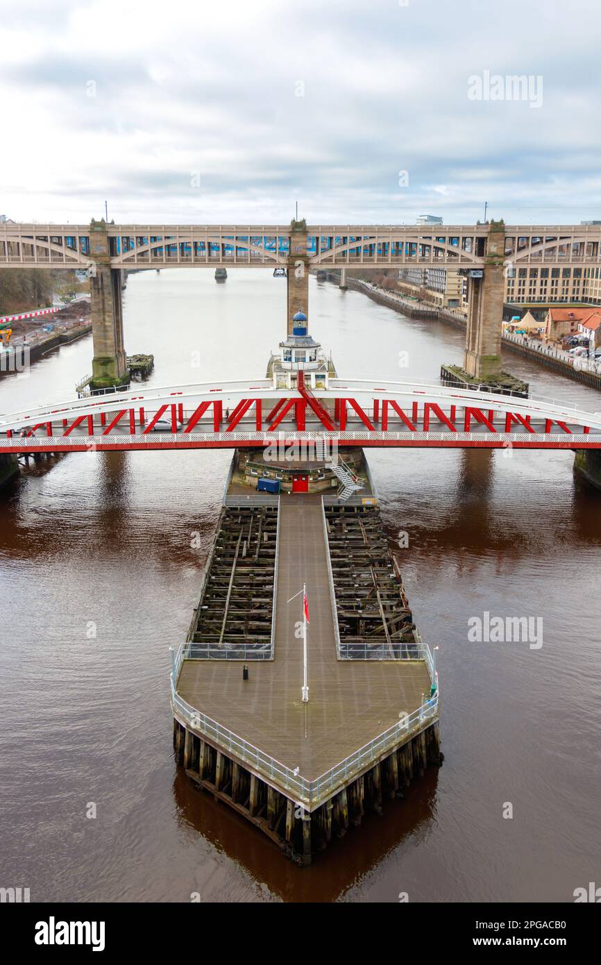The victorian swing bridge and high level bridge over the river tyne in ...