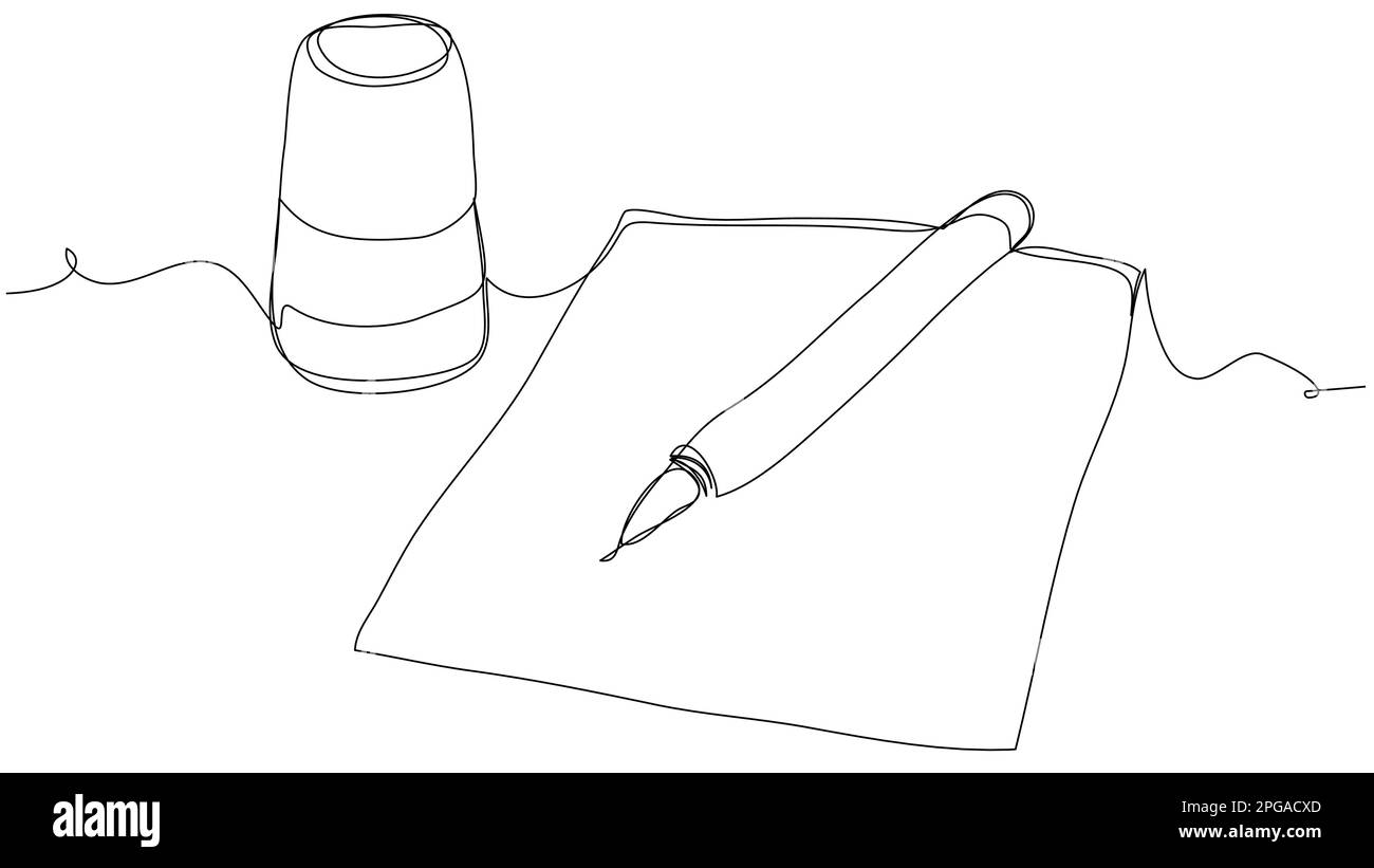 A sheet of paper, a ballpoint pen and one line print on a white ...