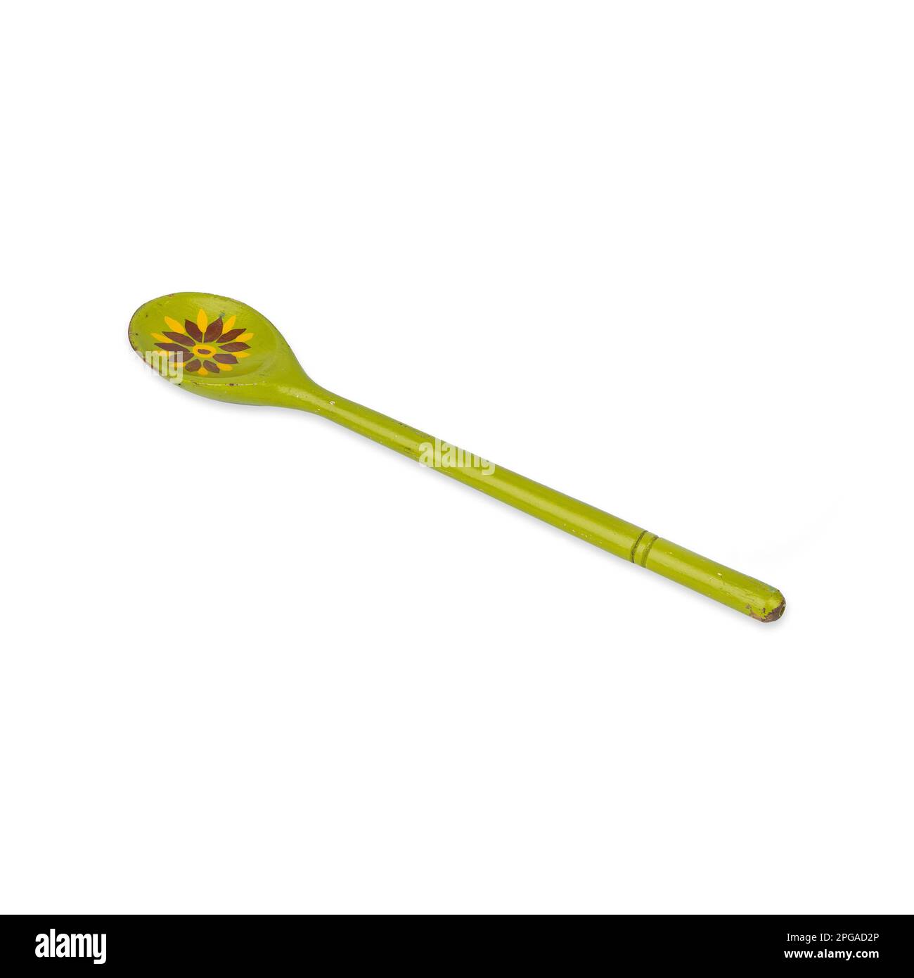 Old decorated green wooden spoon isolated over white background Stock ...