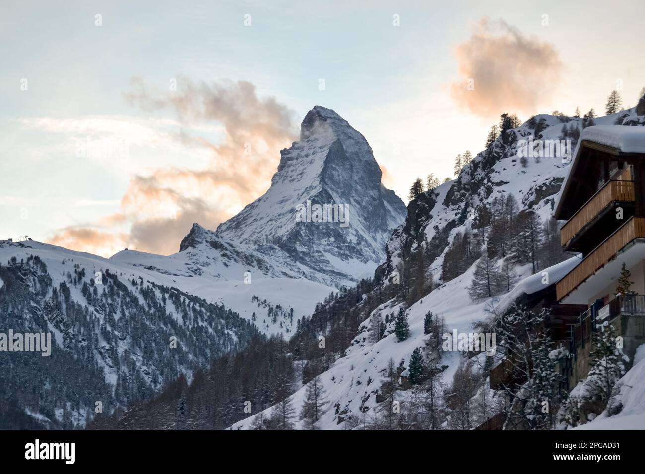 top of the Matterhorn, Cervino, snow covered, seen from the Swiss side ...