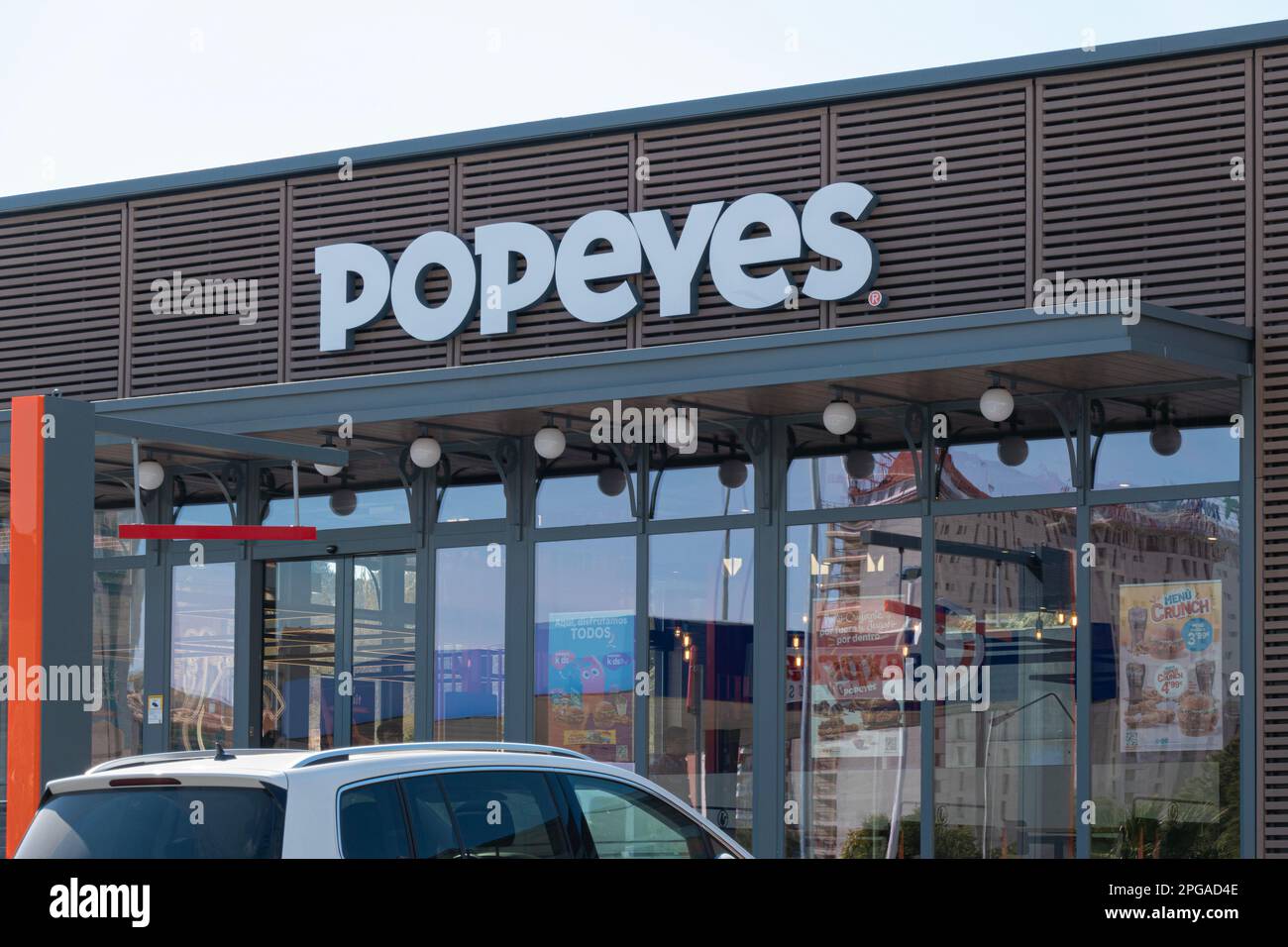 Finestrat, Spain - March 2, 2023: Popeyes logo sign on entrance of ...