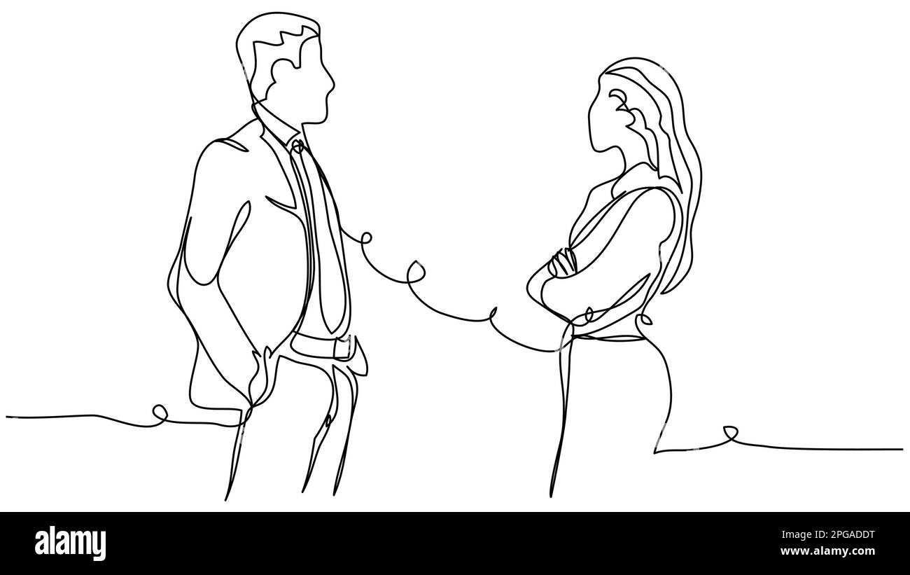 Communicating employees at work in one line on a white background. The ...