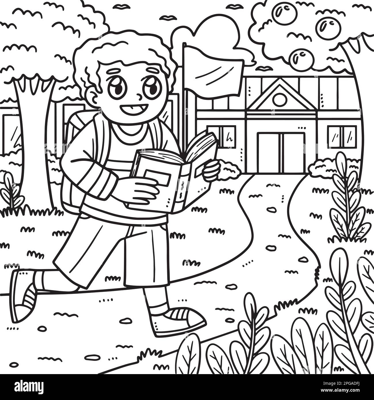 Back To School Child Reading Book Coloring Page Stock Vector Image ...