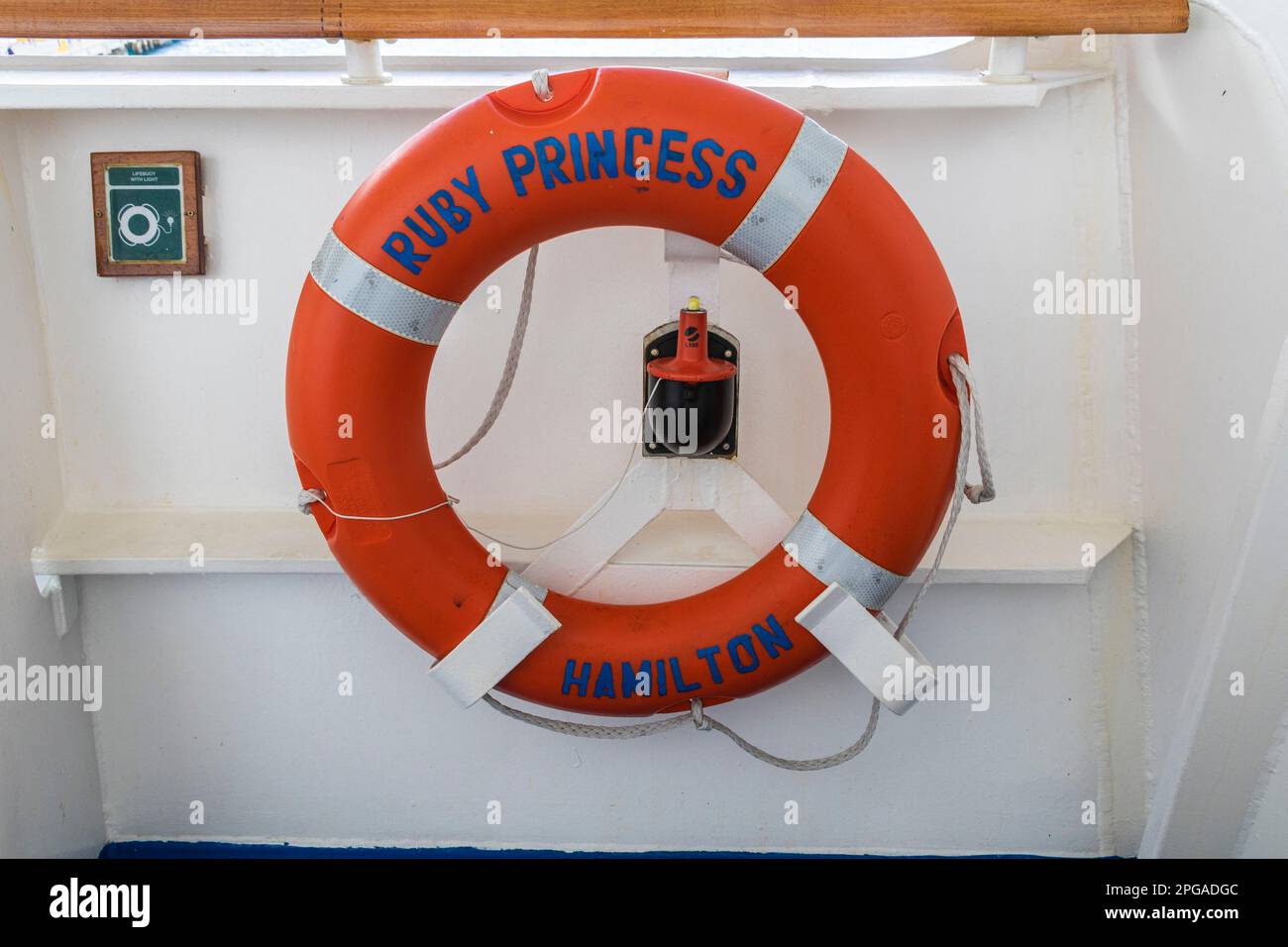 Ruby Princess Cruise Ship Lifebuoy on Promenade Deck, docked at Costa ...