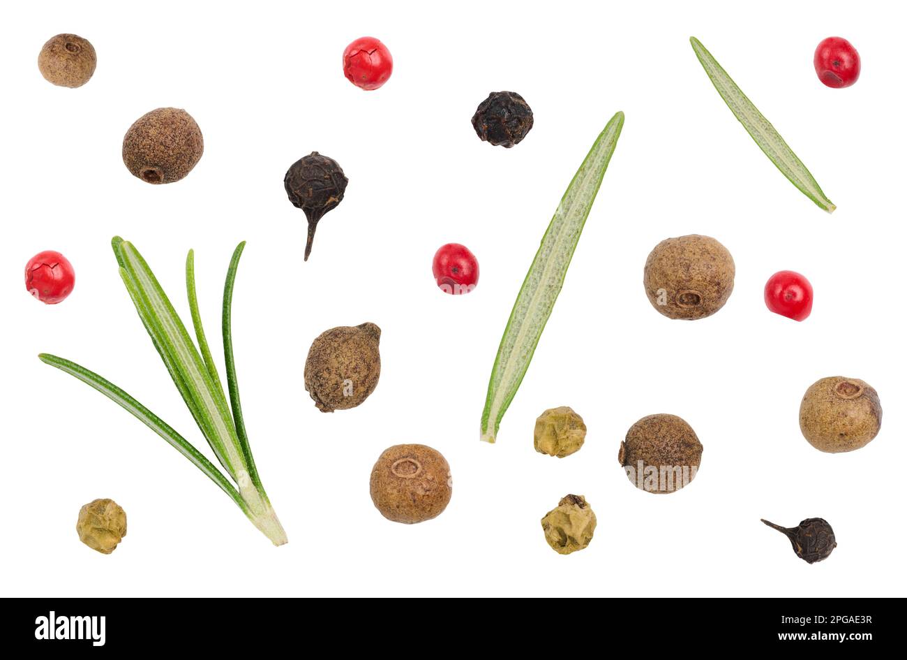 Rosemary branches tied with rope, aromatic pepper, black and red pepper ...