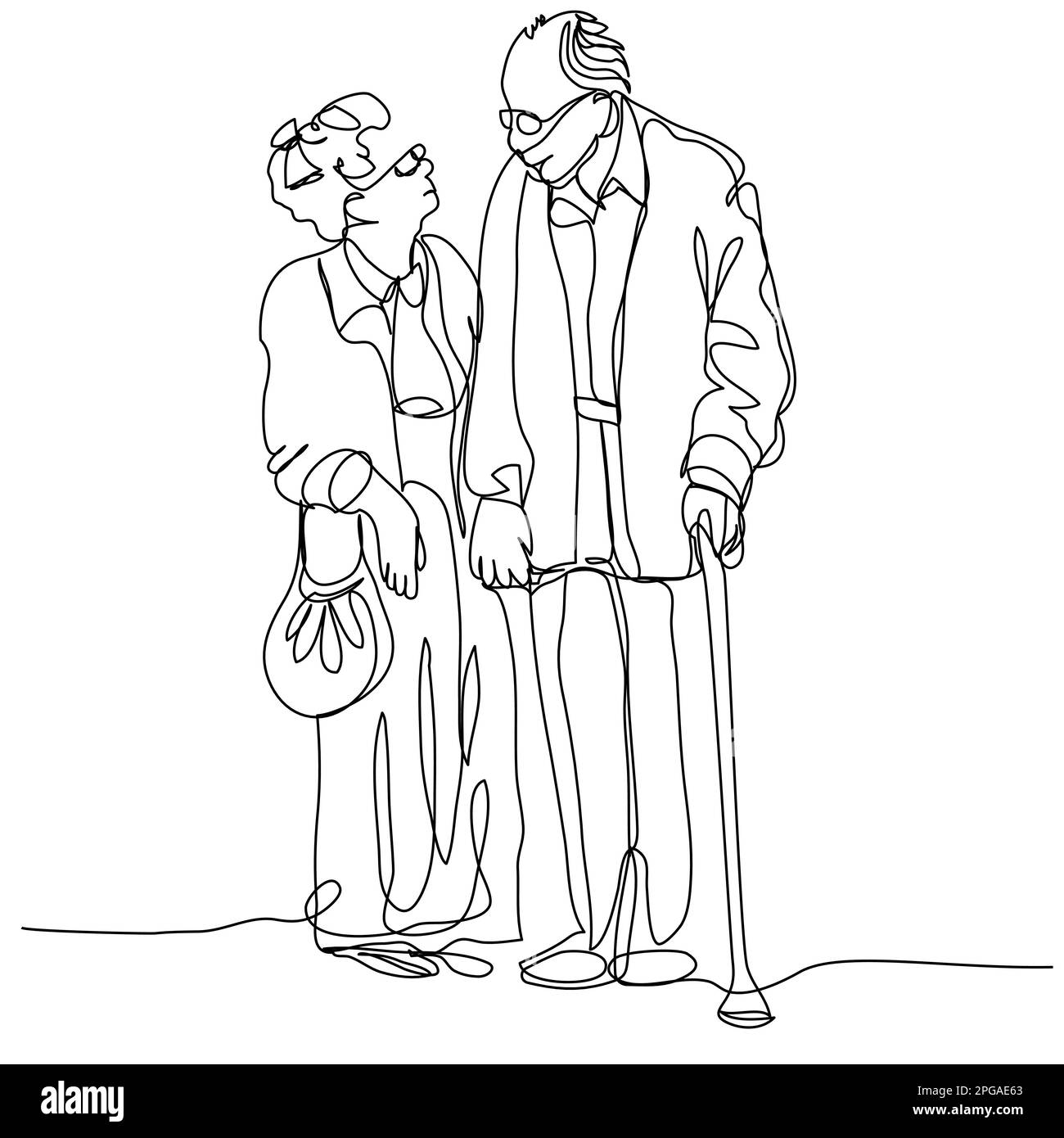 Elderly couple holding hands in one line on a white background Stock ...