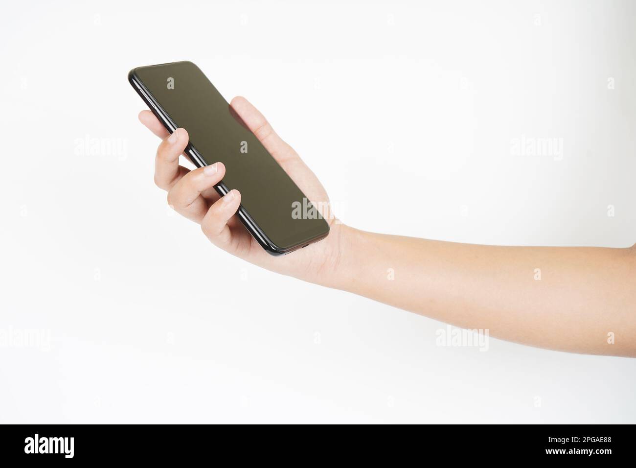 Switch off phone in hand on white background Stock Photo - Alamy