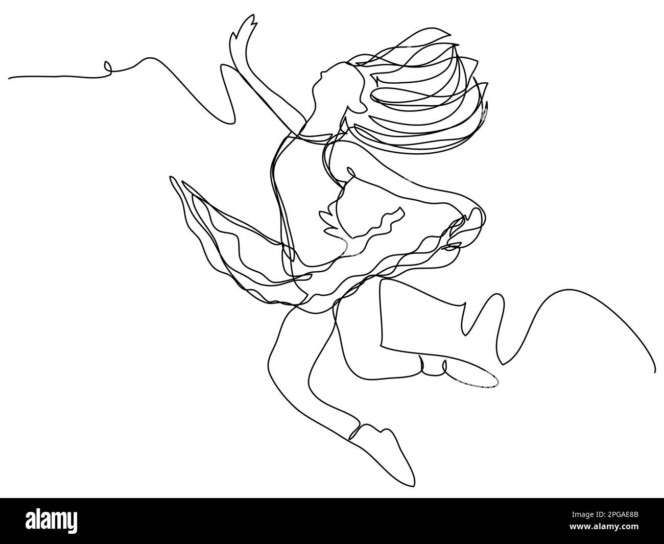 Expressive ballerina with flowing hair and one line dress on a white ...
