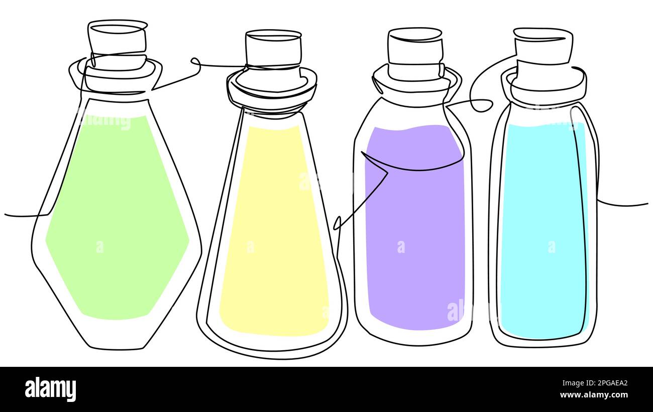 4 Bottles with multi-colored liquid in one line on a white background ...