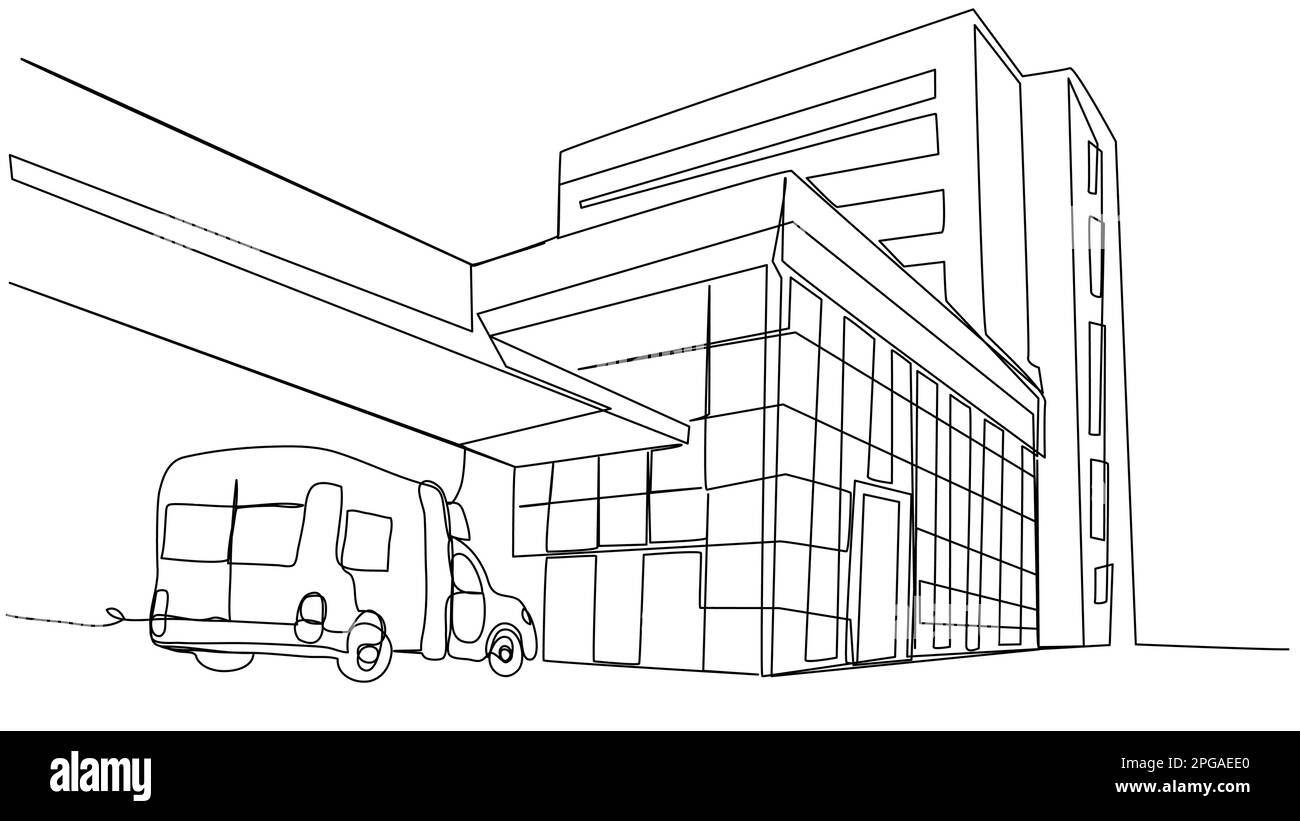 An ambulance stands in one line towards the clinic building on a white ...