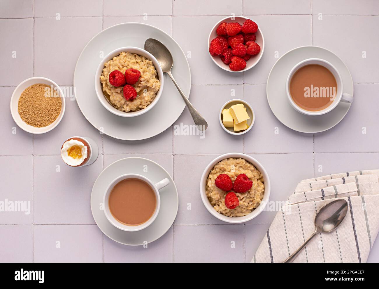 Food photography of oatmeal, oat, porridge, breakfast, boiled egg, tea ...