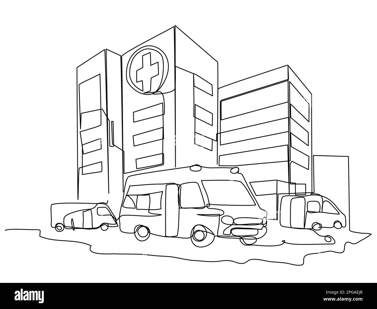 Simple hospital with buildings and ambulances in one line on a white ...