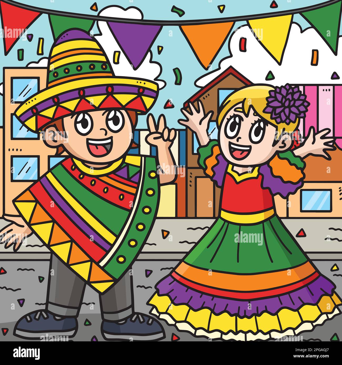 Children Celebrating Cinco de Mayo Colored Cartoon Stock Vector Image ...