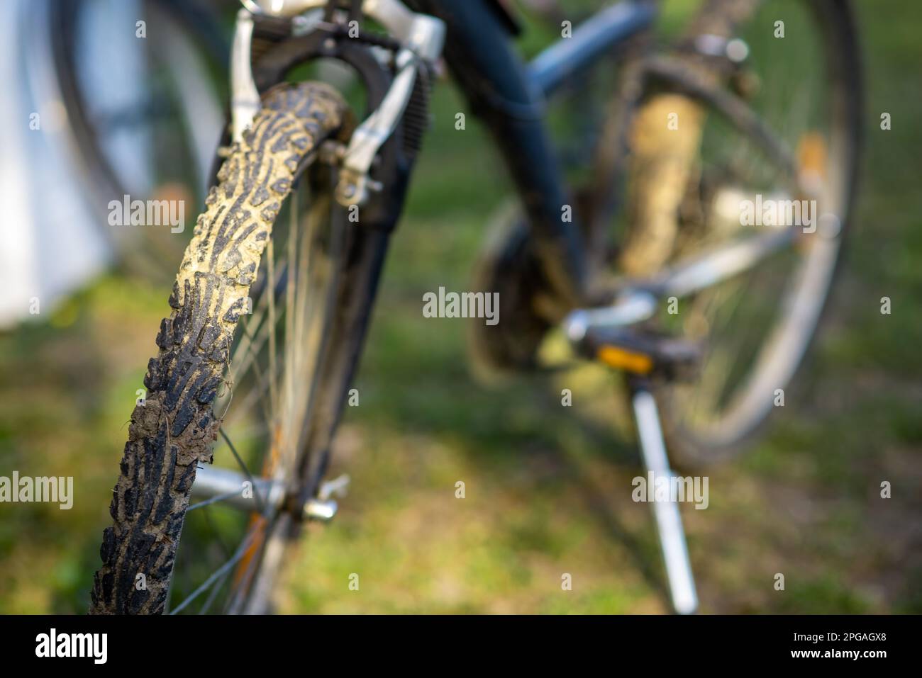 Dirty bike wheel. Bicycle rides, travel, outdoor activities. The bike ...
