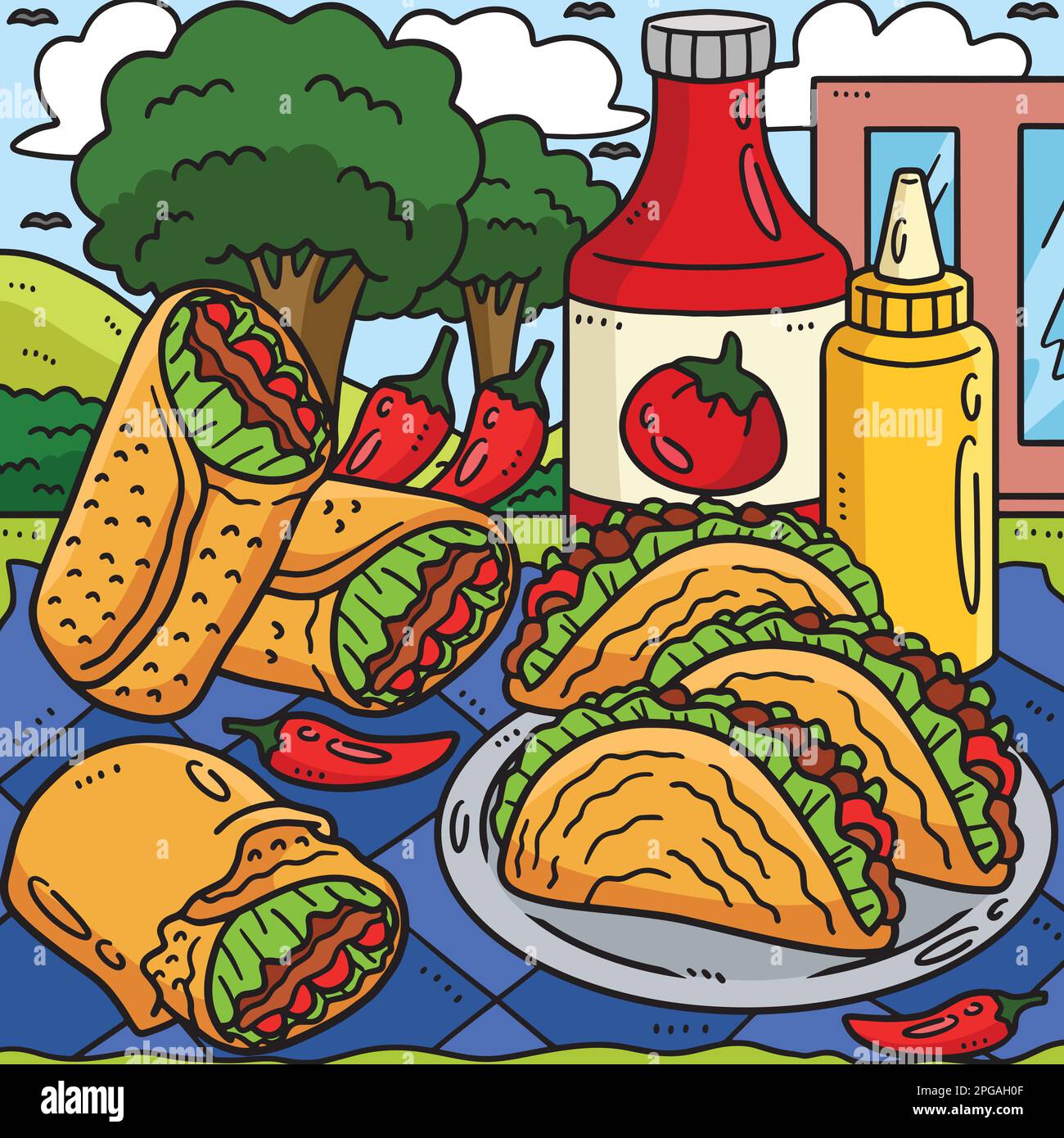Cinco de Mayo Tacos and Burrito Colored Cartoon Stock Vector Image ...