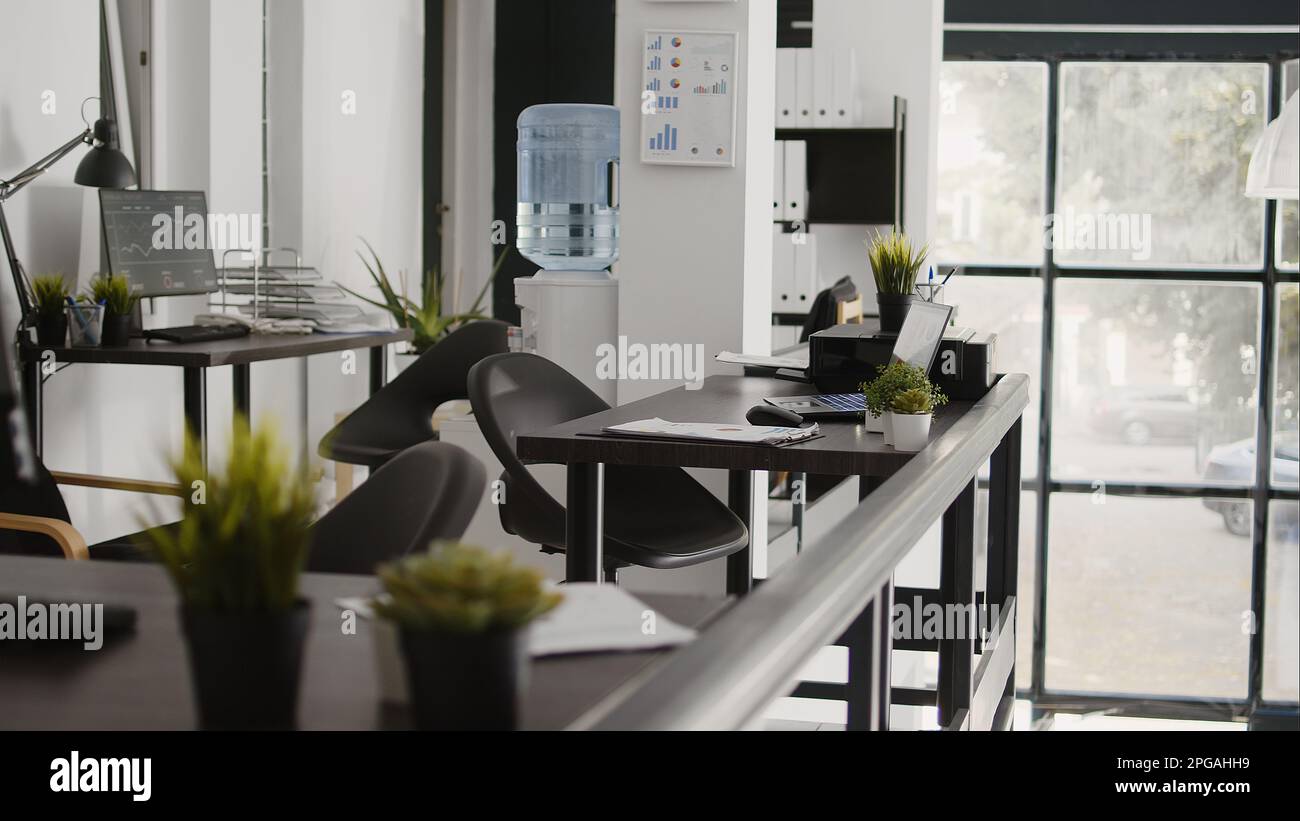 Empty company office with workstation and desk, business development ...