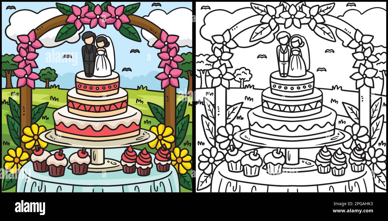 Wedding Cake Coloring Page Colored Illustration Stock Vector Image ...