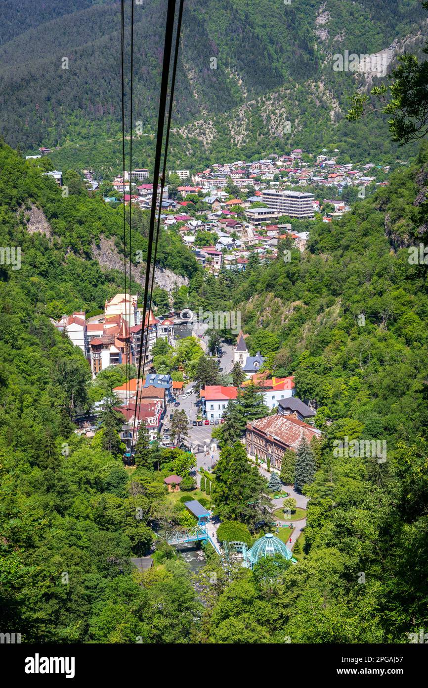 Borjomi town aerial view seen from cable car above the city, resort ...