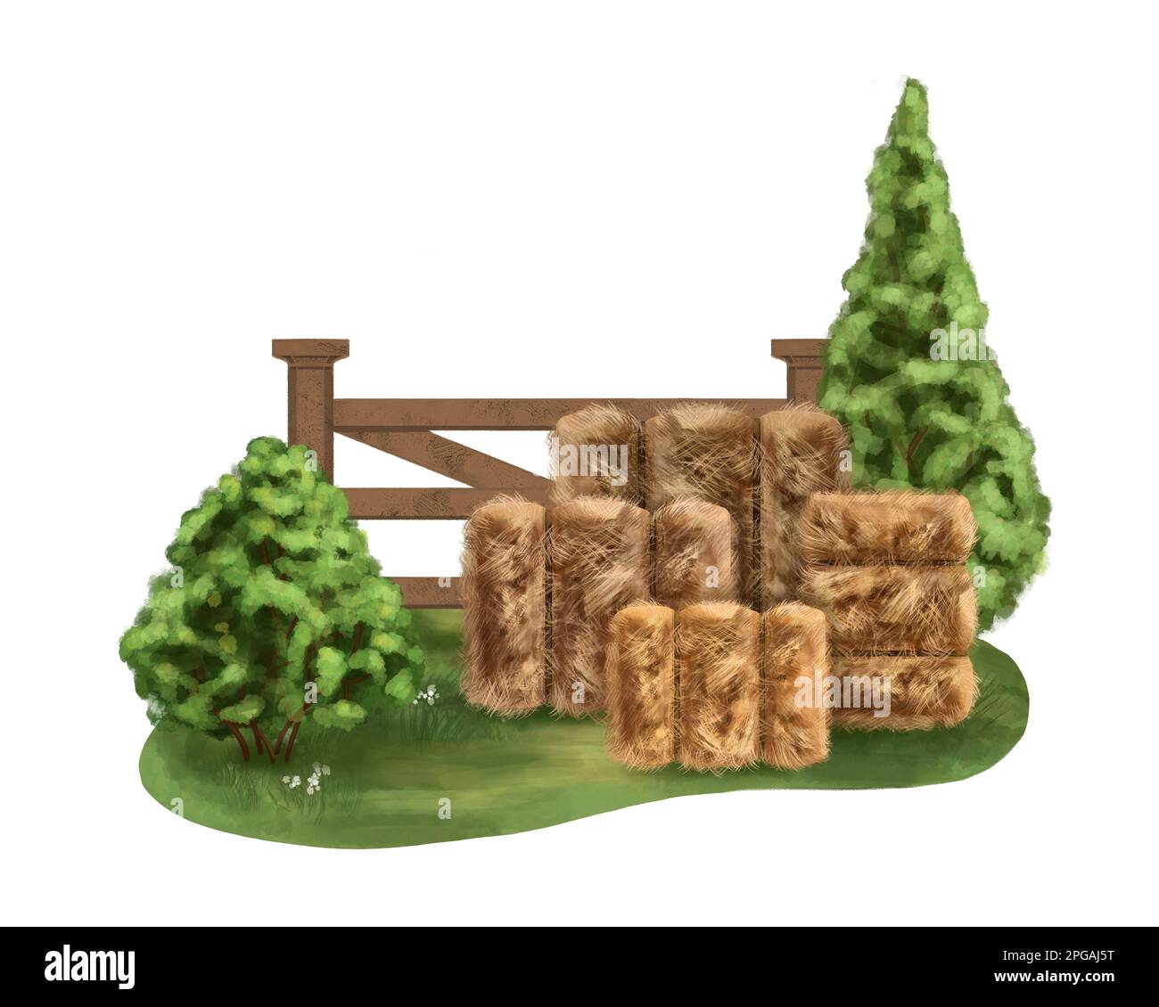 A rural composition in a sunny clearing of green bushes, a fence and ...