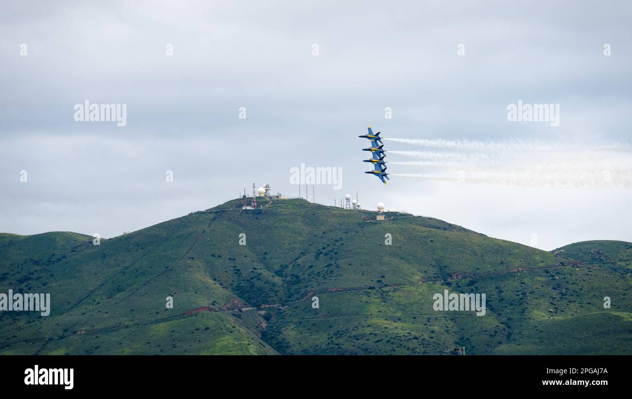 Blue Angels in flight formation over radar installation Stock Photo - Alamy