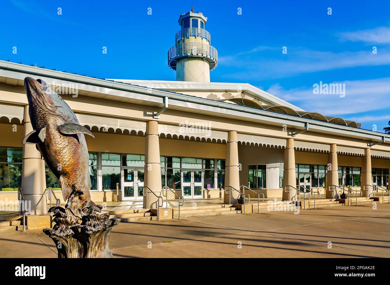 A red snapper sculpture stands in front of the Alabama Welcome Center ...