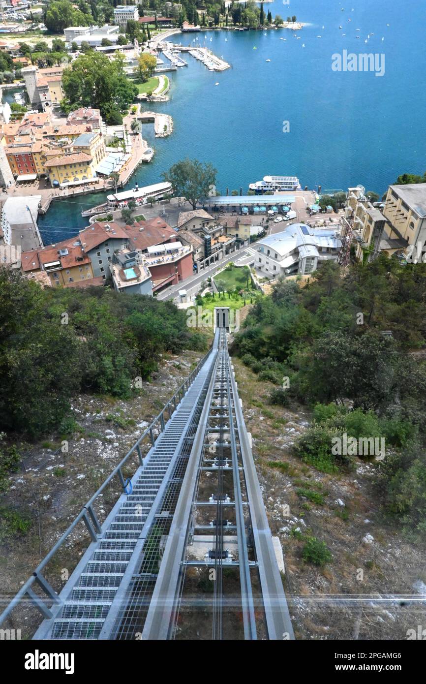 Funicular to the Bastion on the mountain above Riva on Lake Garda ...