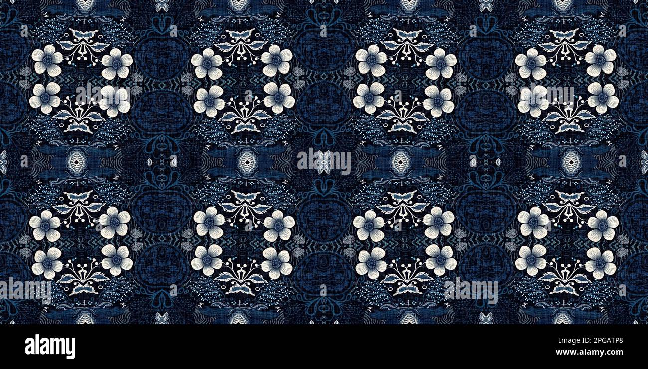 Retro indigo floral bandana 2 tone patterned fabric border background ...