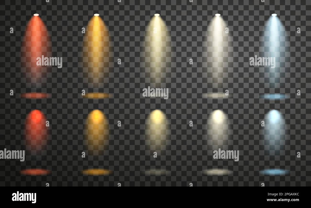 Set of bright colorful lamp beams isolated on transparent backdrop ...