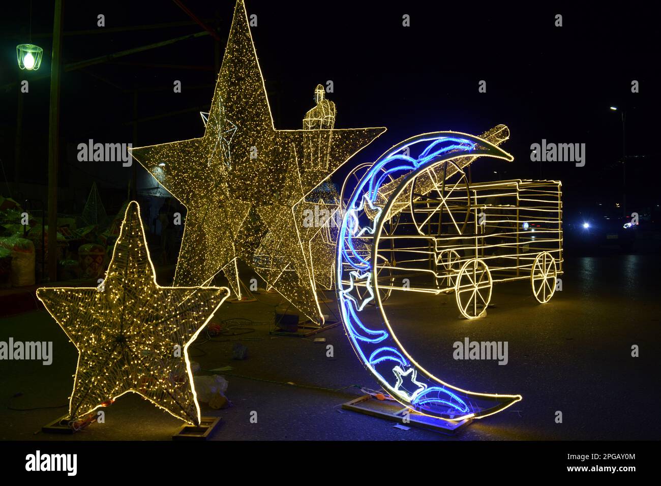 Cairo, Egypt, March 20 2023: festive decorations of Islamic Ramadan fasting month in Egyptian ...