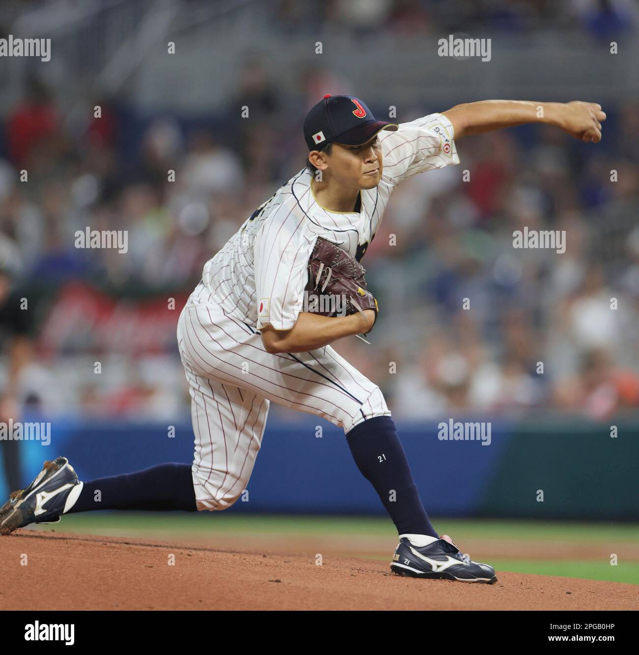 Japan's starter Shota Imanaga throws a ball at the World Baseball Classic (WBC) final match ...